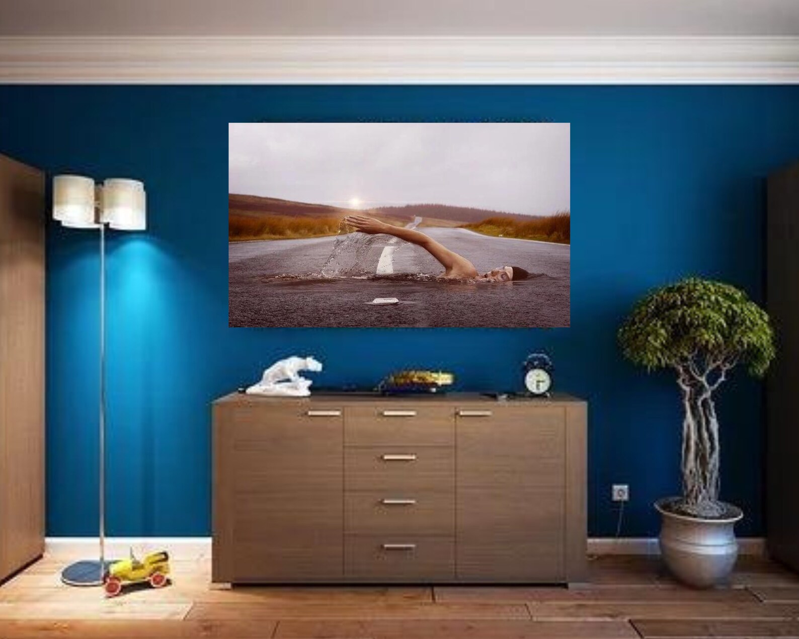 Surreal Landscape Woman Swimming Though Shallow Puddle on Country Road ...