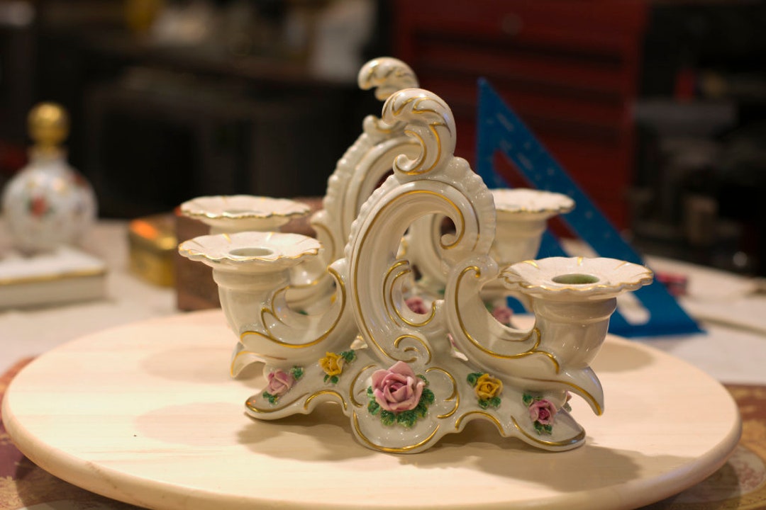Pair of Bavarian Creamware Rococo Candlesticks With Hand Applied 14k ...