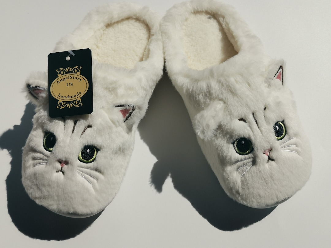 Embroidered Super Cute Fuzzy Cat Slides With 1 Pairs Socks Cozy Gift ...
