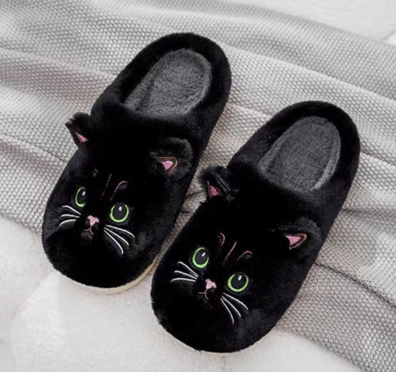 Embroidered Super Cute Fuzzy Cat Slides With 1 Pairs Socks Cozy Gift ...
