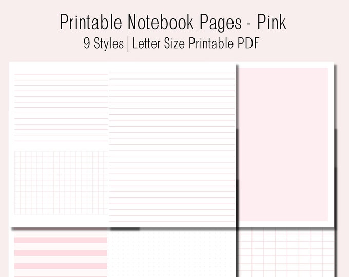 Printable Notebook Paper, 9 Styles, Pink Color, Digital Pdf - Etsy