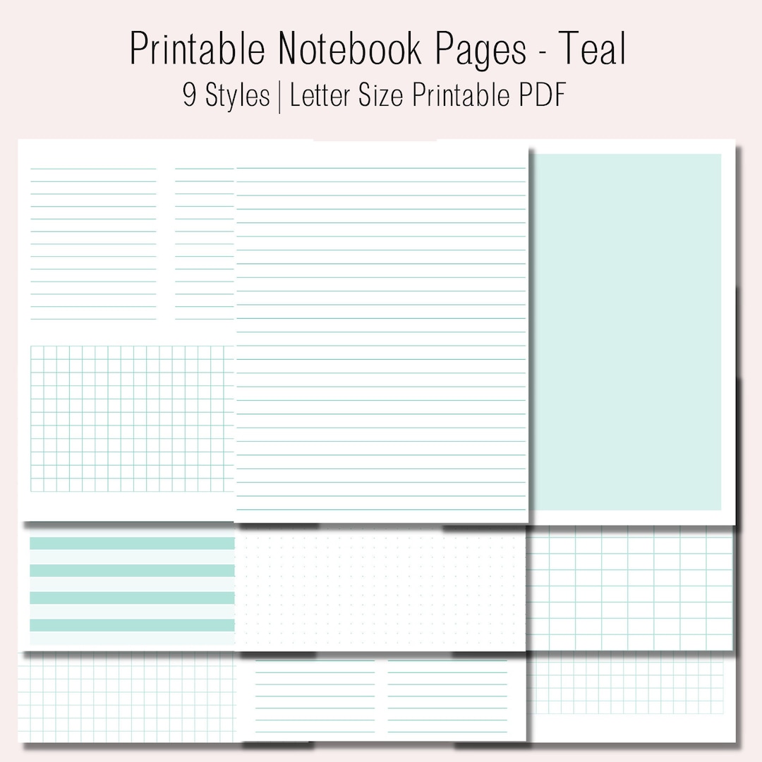 Printable Notebook Paper, 9 Styles, Teal Color, Digital Pdf - Etsy
