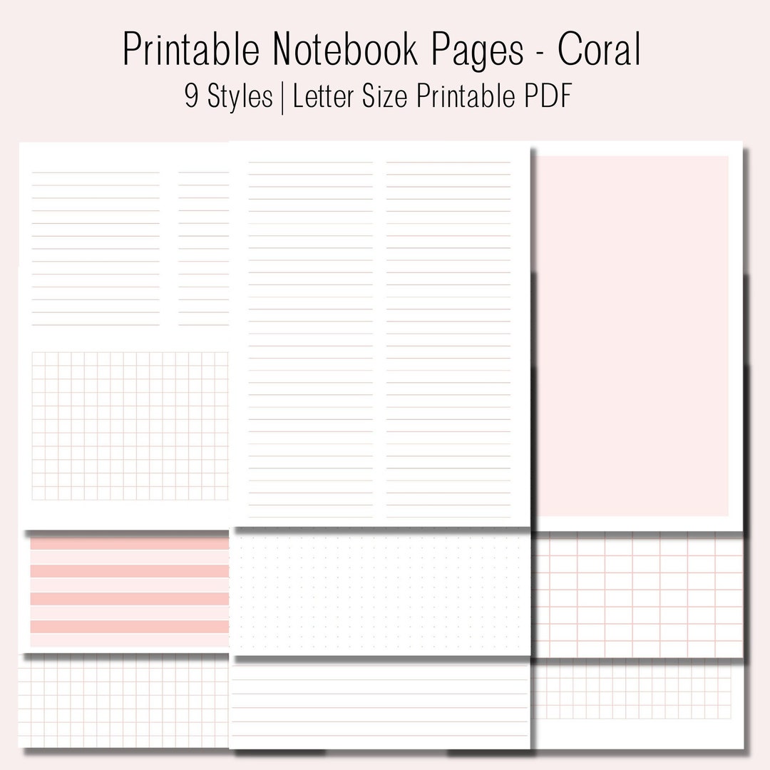 Printable Notebook Paper, 9 Styles, Coral Color, Digital Pdf, - Etsy