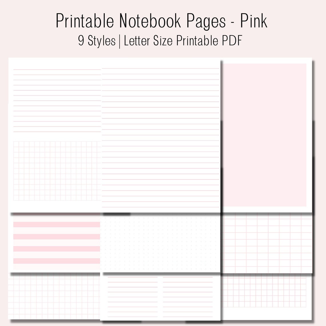 Printable Notebook Paper, 9 Styles, Pink Color, Digital Pdf - Etsy
