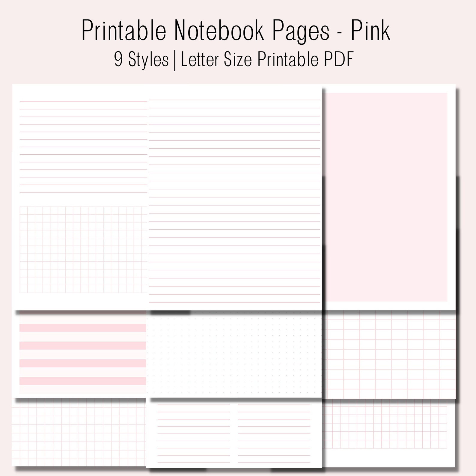 Printable Notebook Paper, 9 Styles, Pink Color, Digital Pdf - Etsy