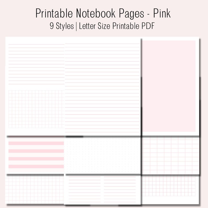 Printable Notebook Paper, 9 Styles, Pink Color, Digital Pdf - Etsy