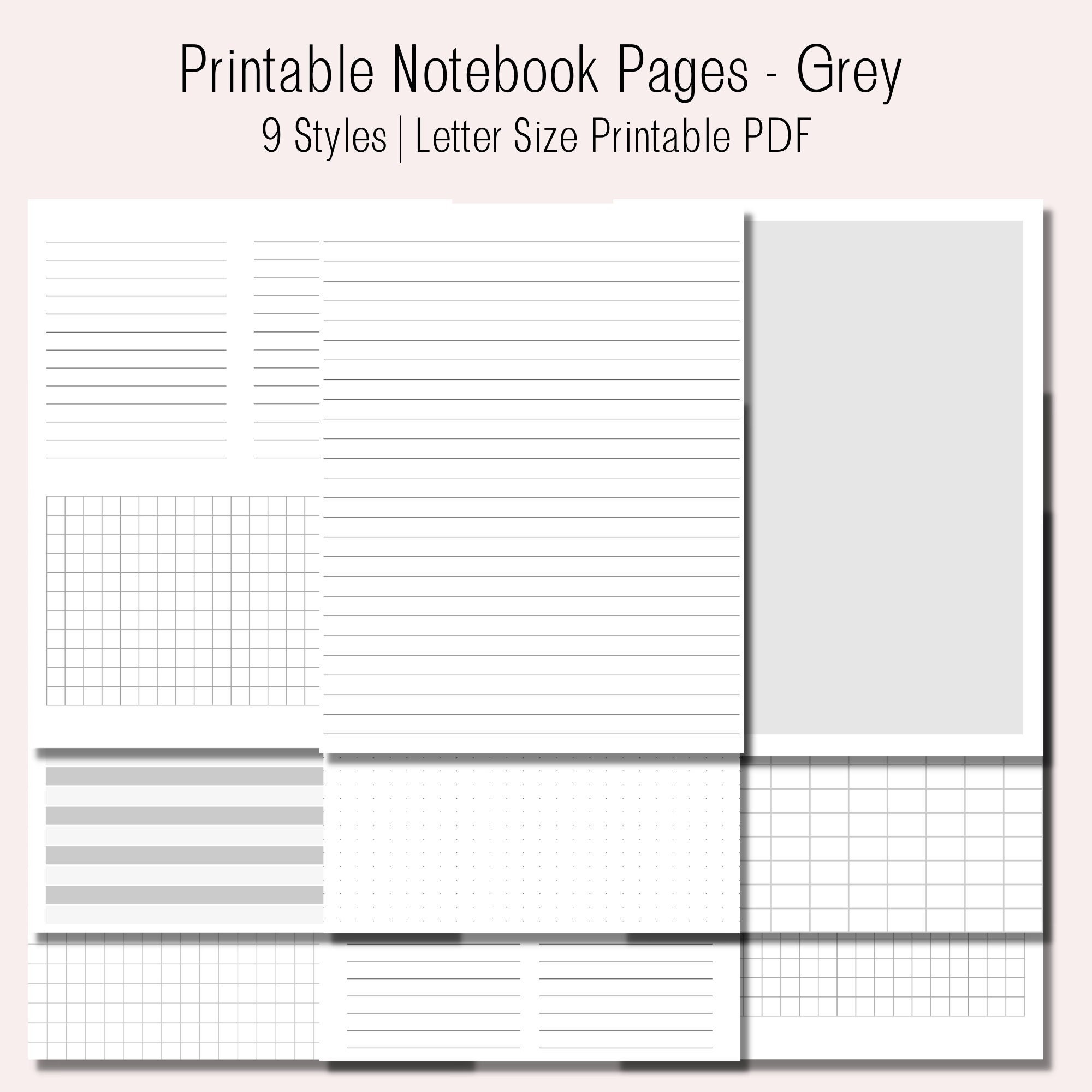 Printable Notebook Paper, 9 Styles, Grey Color, Digital Pdf - Etsy