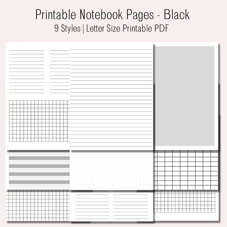 Printable Notebook Paper, 9 Styles, Black Color, Digital Pdf - Etsy