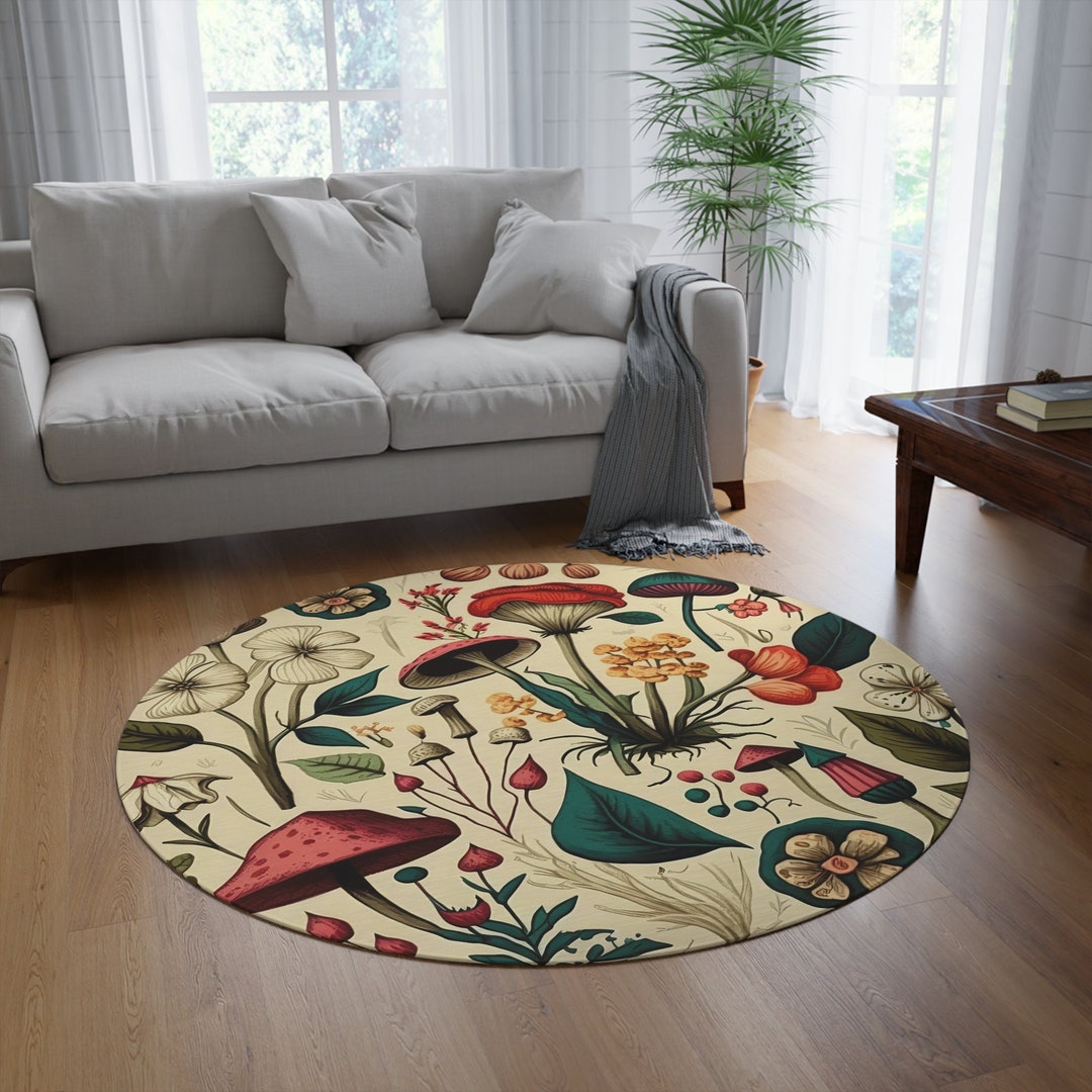 Vintage Botanical Mushroom Rug Circle Rug Mushroom Chenille Rug Custom ...