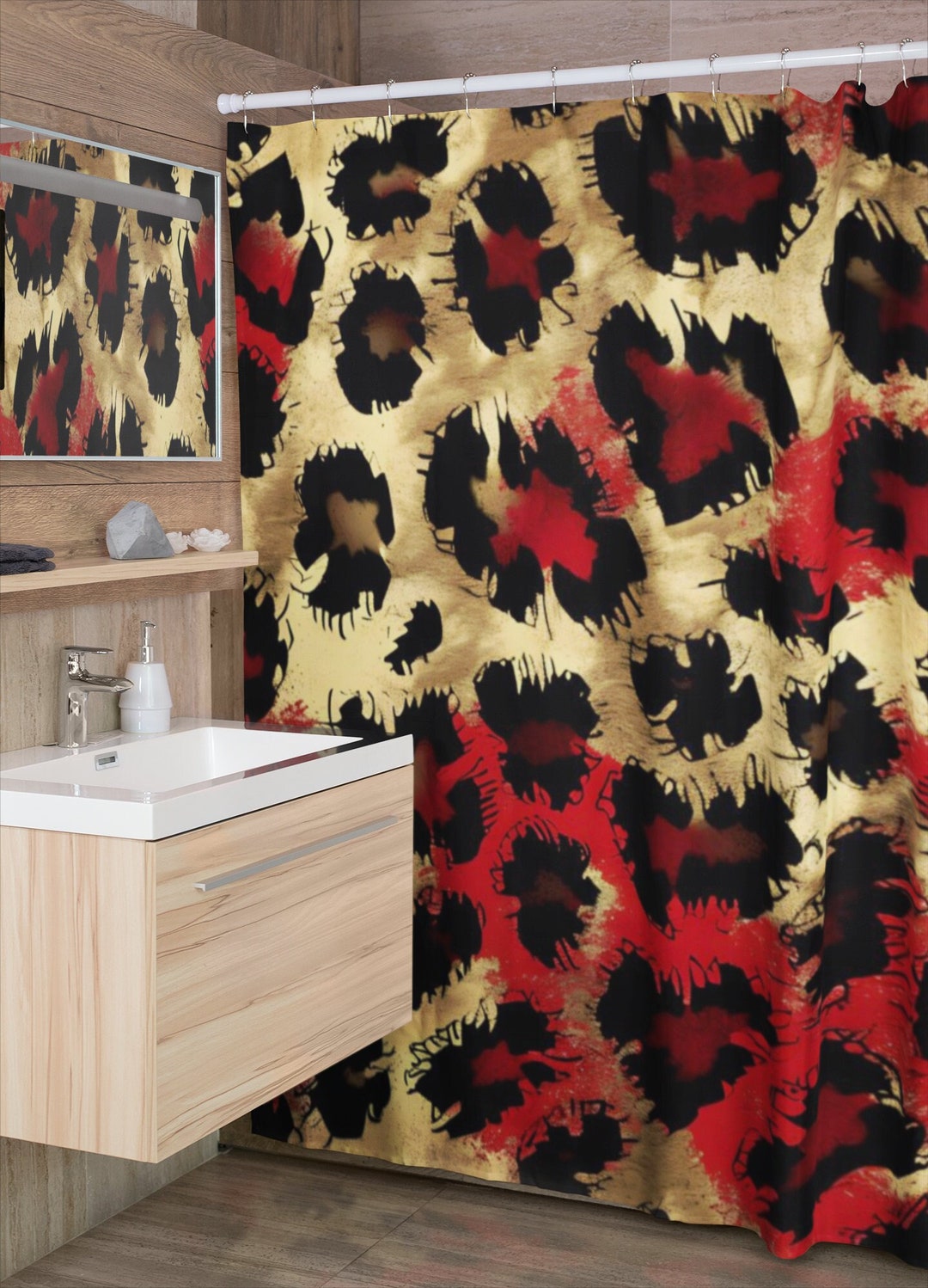 Red and Gold Leopard Shower Curtain, Leopard Print Shower Curtain, Bath ...