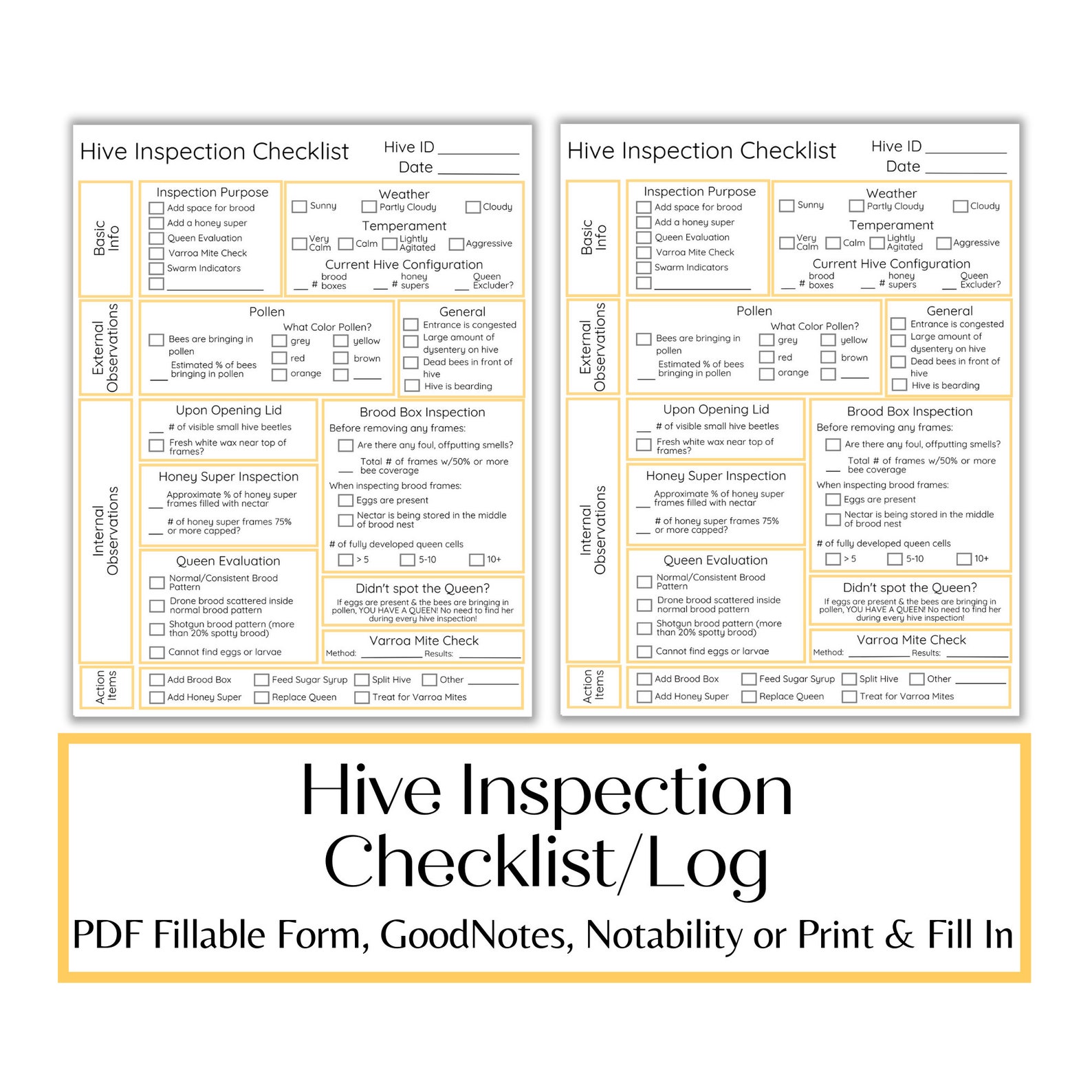 Beekeeper Hive Inspection Checklist Fillable Forms Digital and ...