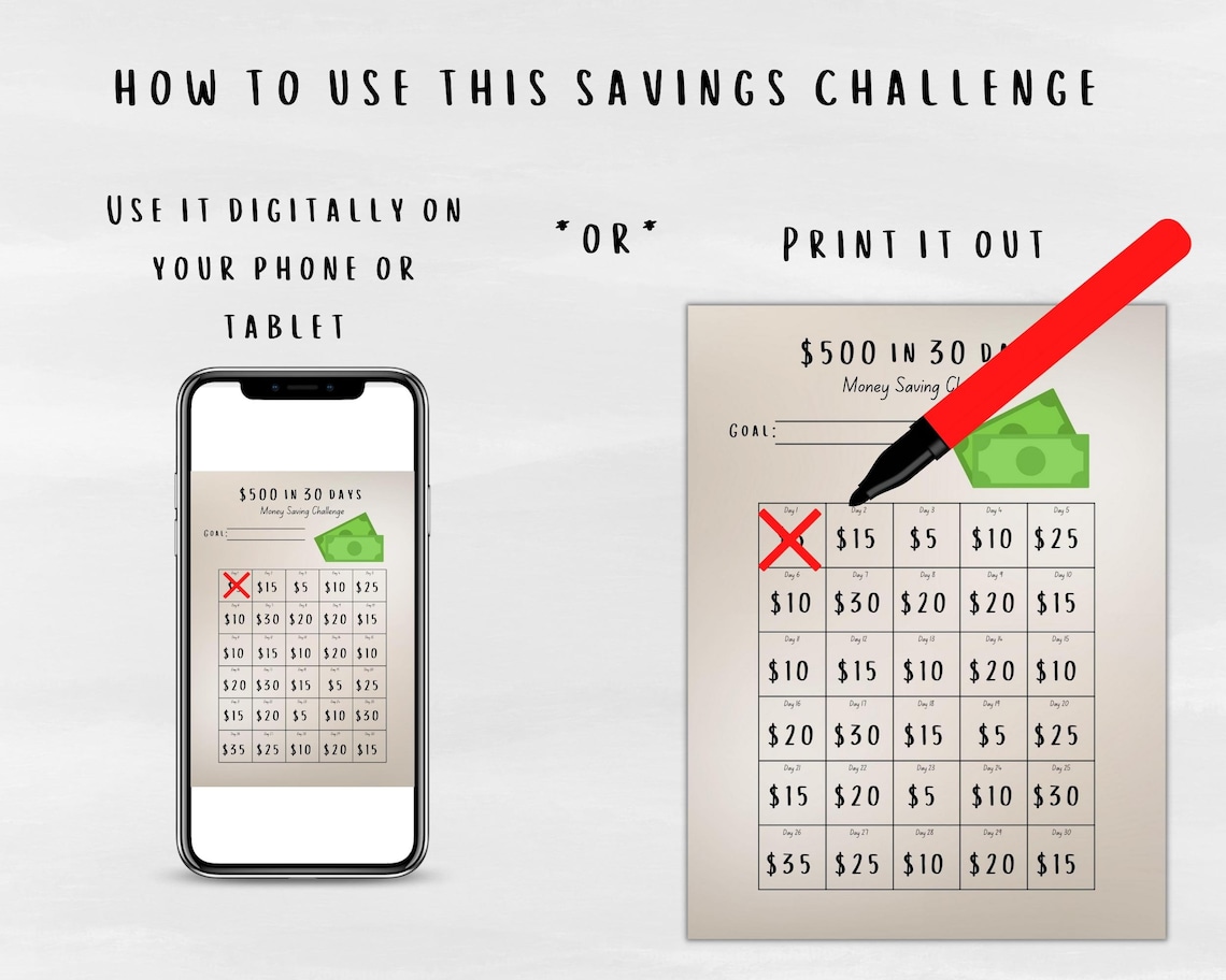 30 Day Money Saving Challenge 500 USD Savings Tracker Printable Savings ...