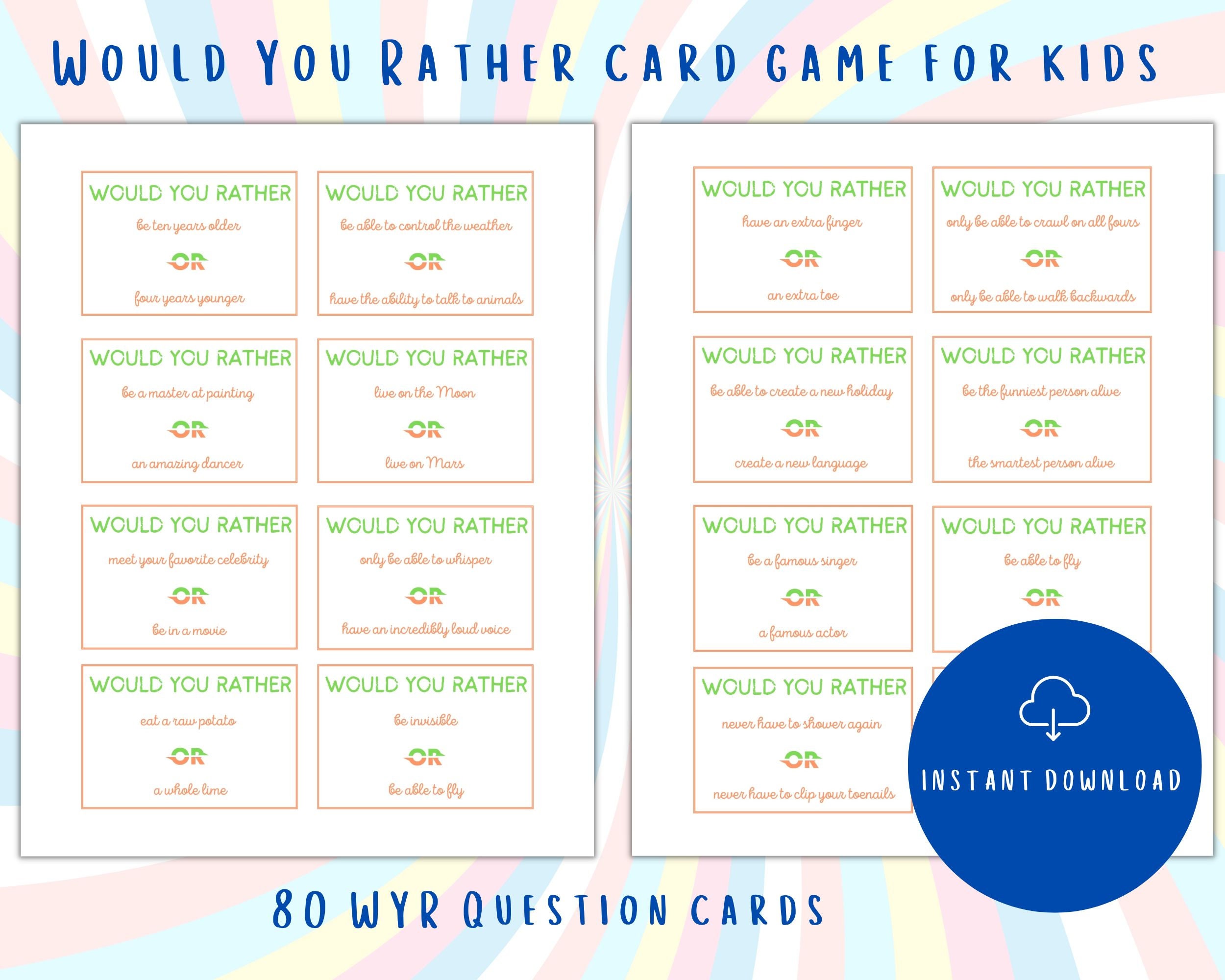 Printable Card Game for Kids Would You Rather | 80 Printable Question ...