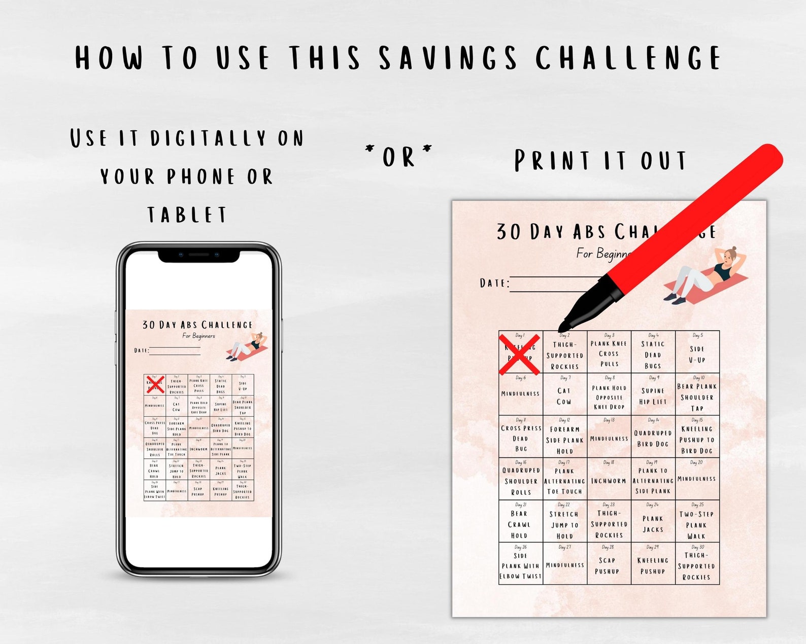 30 Days Abs Challenge Printable Workout Plan Fitness Tracker Challenge ...