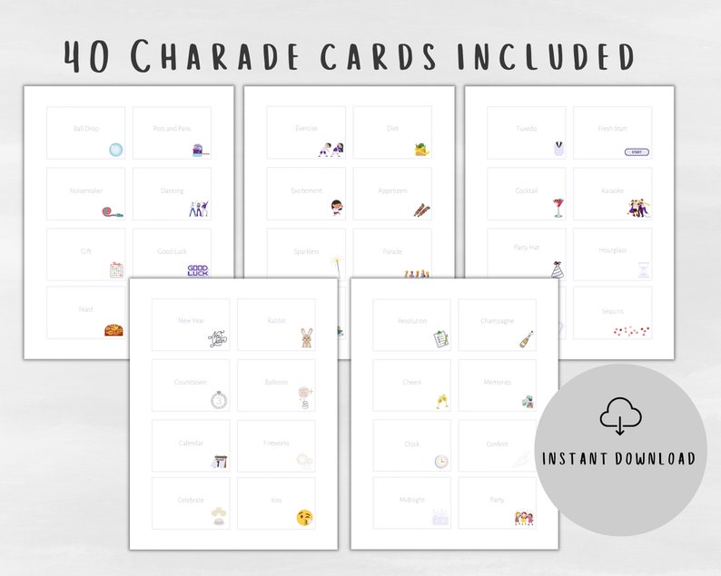 New Year’s Charades or Draw It Cards for Kids and Parents | Printables 40 Cards | Family Game ...