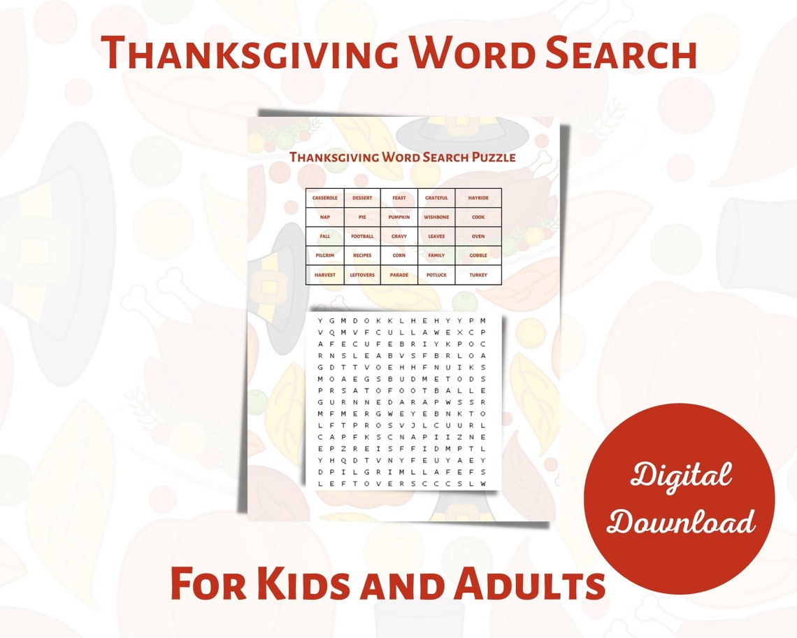 Thanksgiving Word Search Puzzle for Kids and Adults Digital - Etsy