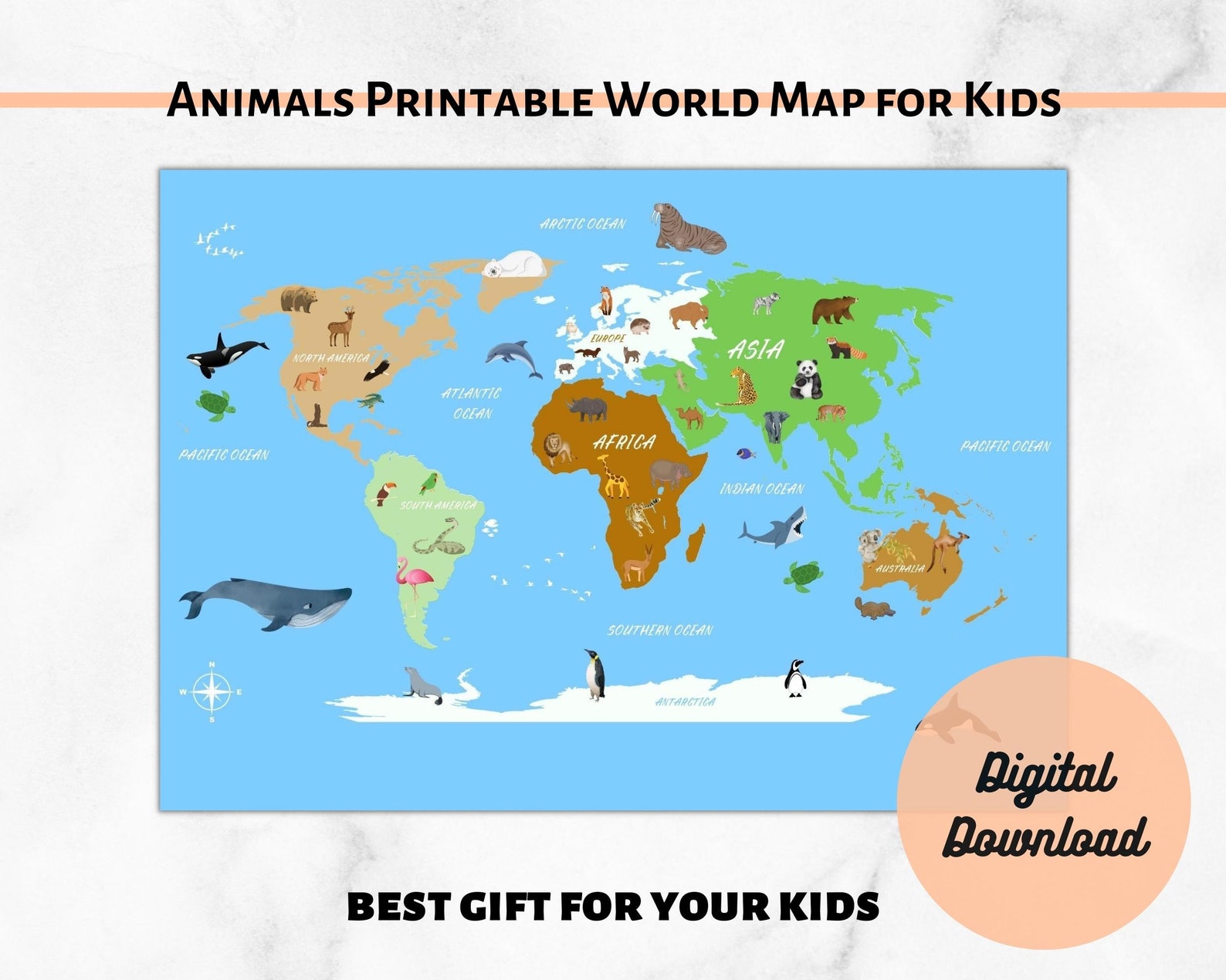Printable Animal World Map Poster for Kids | Educational Animal Map ...