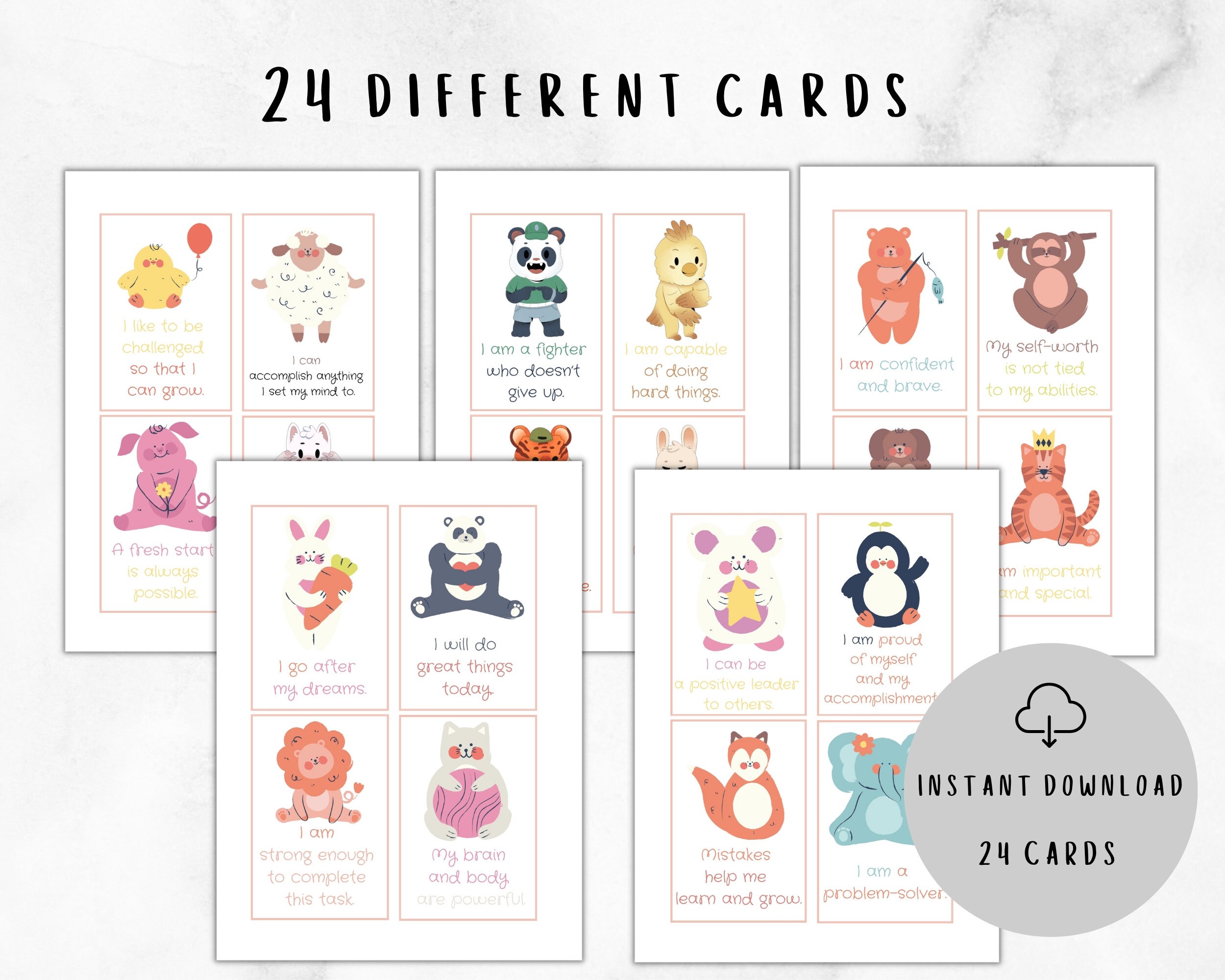 Printable Affirmation Cards for Kids 24 Motivational Cute Cards Daily ...