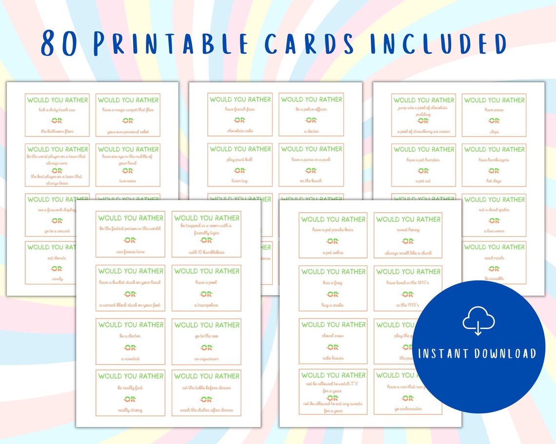 Printable Card Game for Kids Would You Rather | 80 Printable Question ...