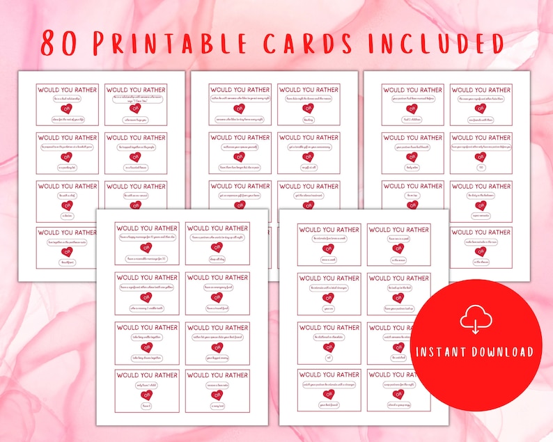 80 Would You Rather Printable Question Cards for Couples Valentine's ...