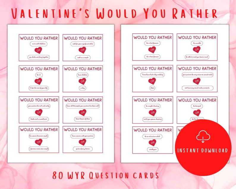 80 Would You Rather Printable Question Cards for Couples Valentine's ...