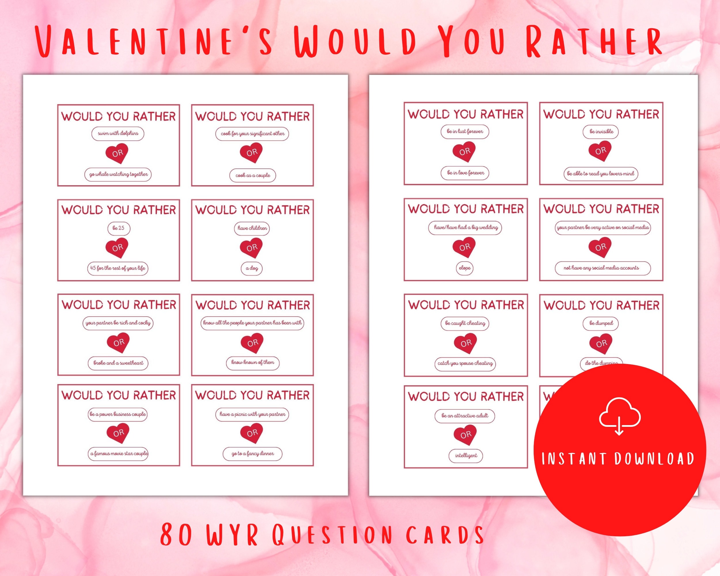 80 Would You Rather Printable Question Cards for Couples Valentine's ...