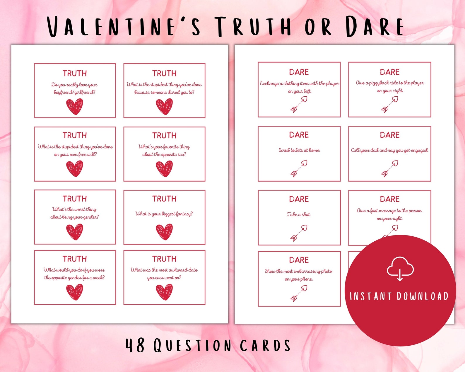 Printable Game for Couples Truth or Dare Valentine’s Edition | Question ...