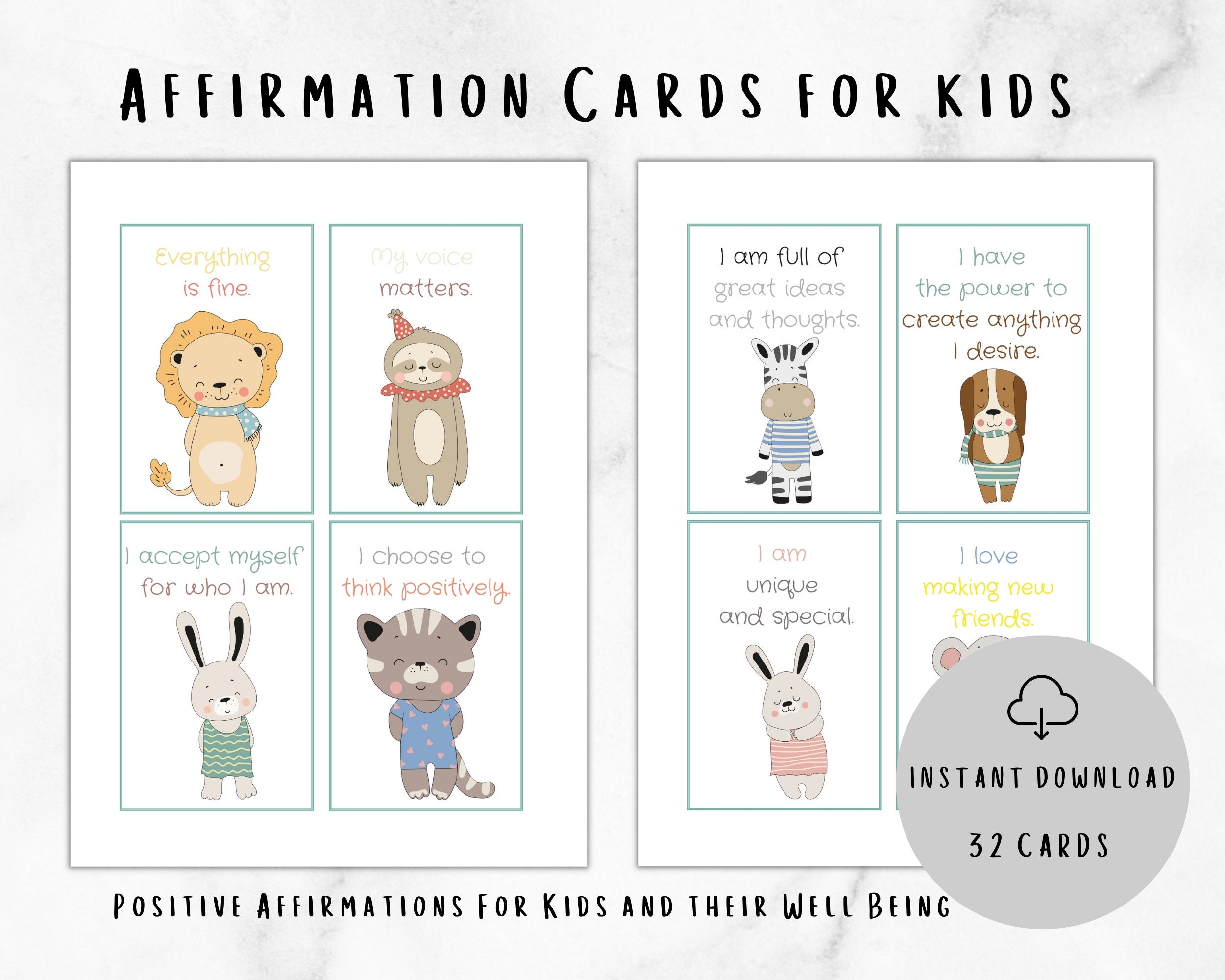 Printable Affirmation Cards for Kids 32 Motivational Cute Cards Daily ...