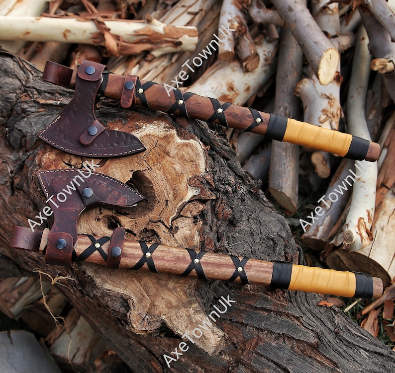 Custom Hand Forged Viking Axes Set of 2 Leather Wrapped Wooden Handle ...