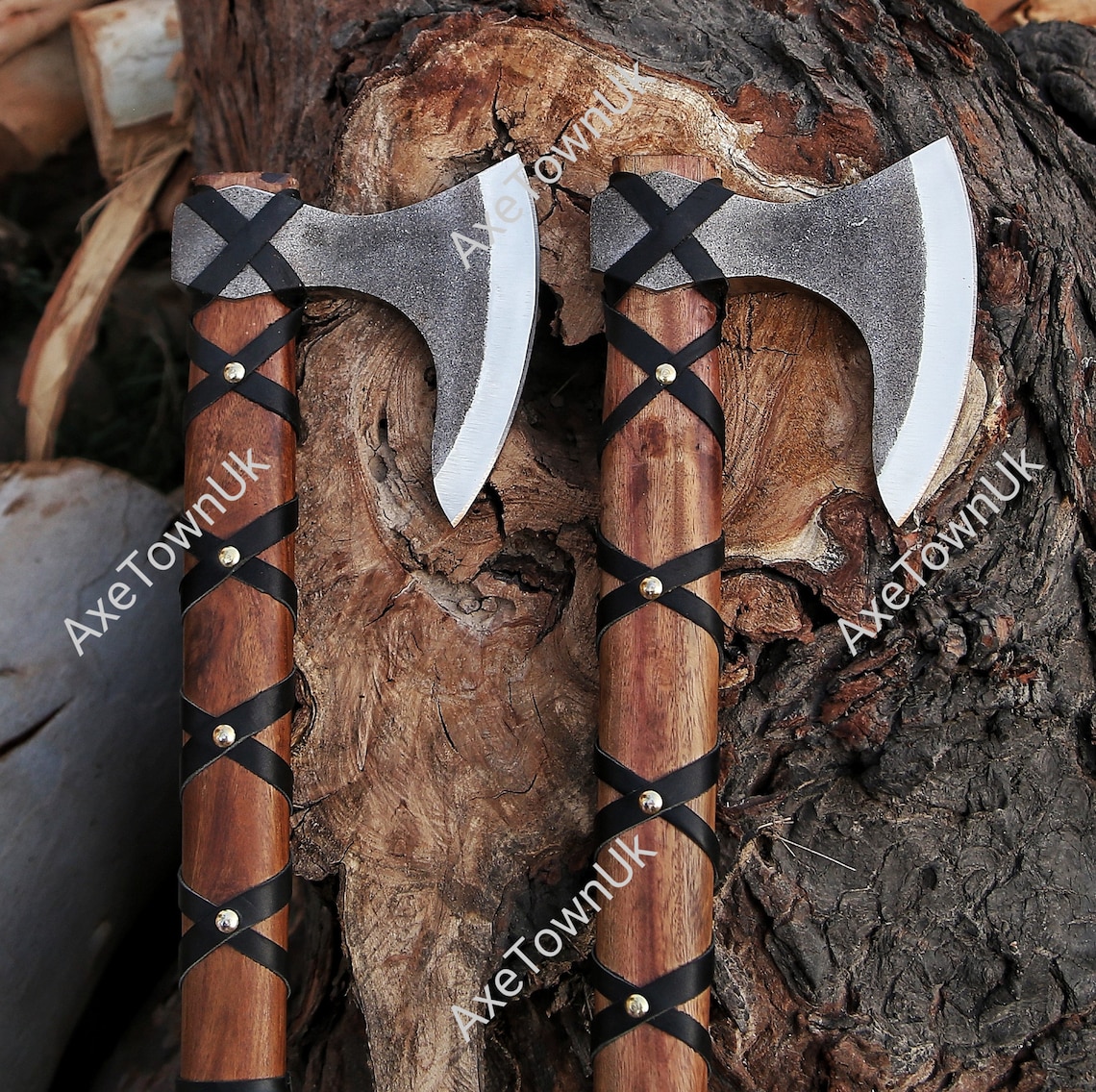 Custom Hand Forged Viking Axes Set of 2 Leather Wrapped Wooden Handle ...