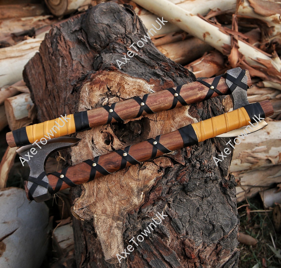 Custom Hand Forged Viking Axes Set of 2 Leather Wrapped Wooden Handle ...