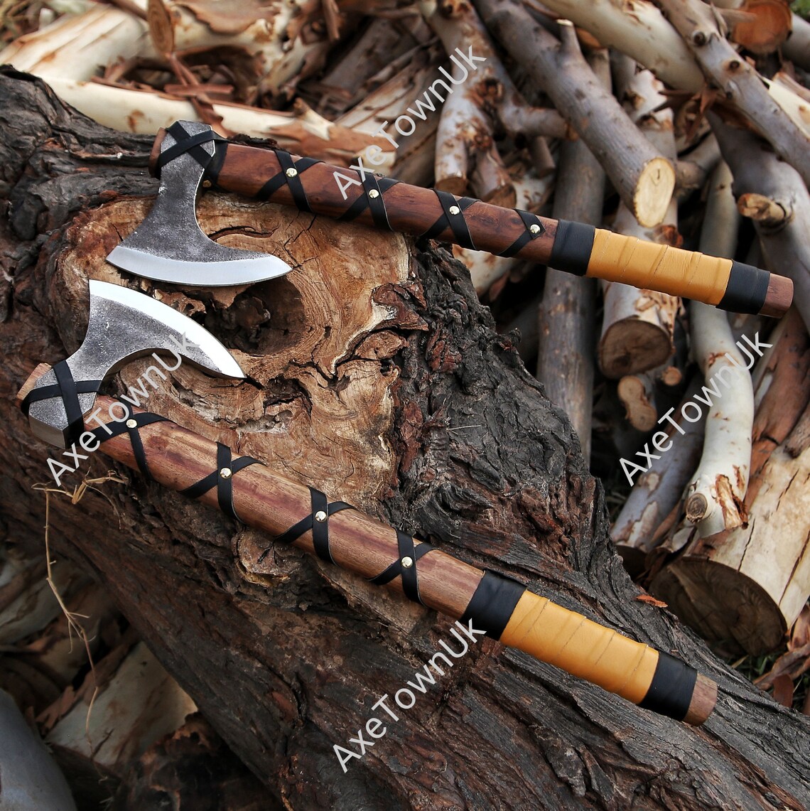 Custom Hand Forged Viking Axes Set of 2 Leather Wrapped Wooden Handle ...