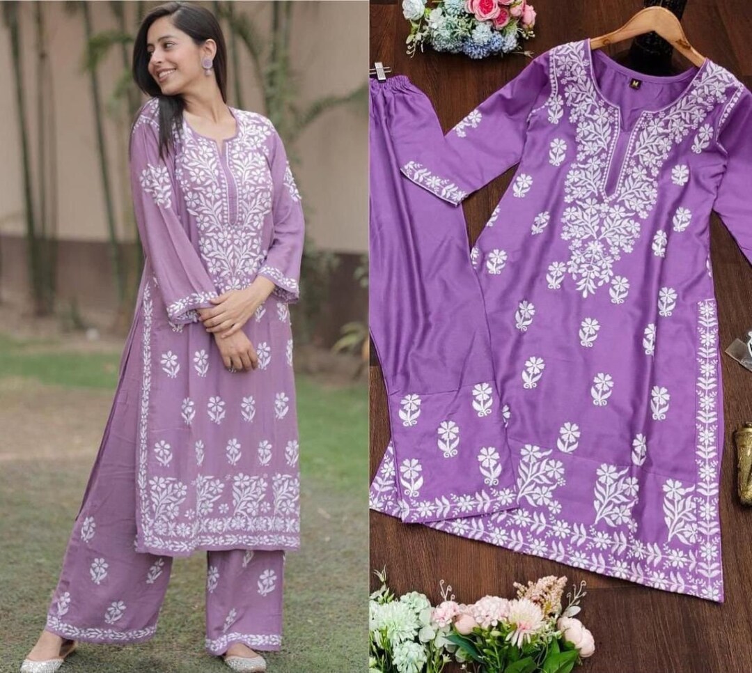 Beautiful Designer Lucknowi Chikankari Sets, Pink and Purple Casual ...