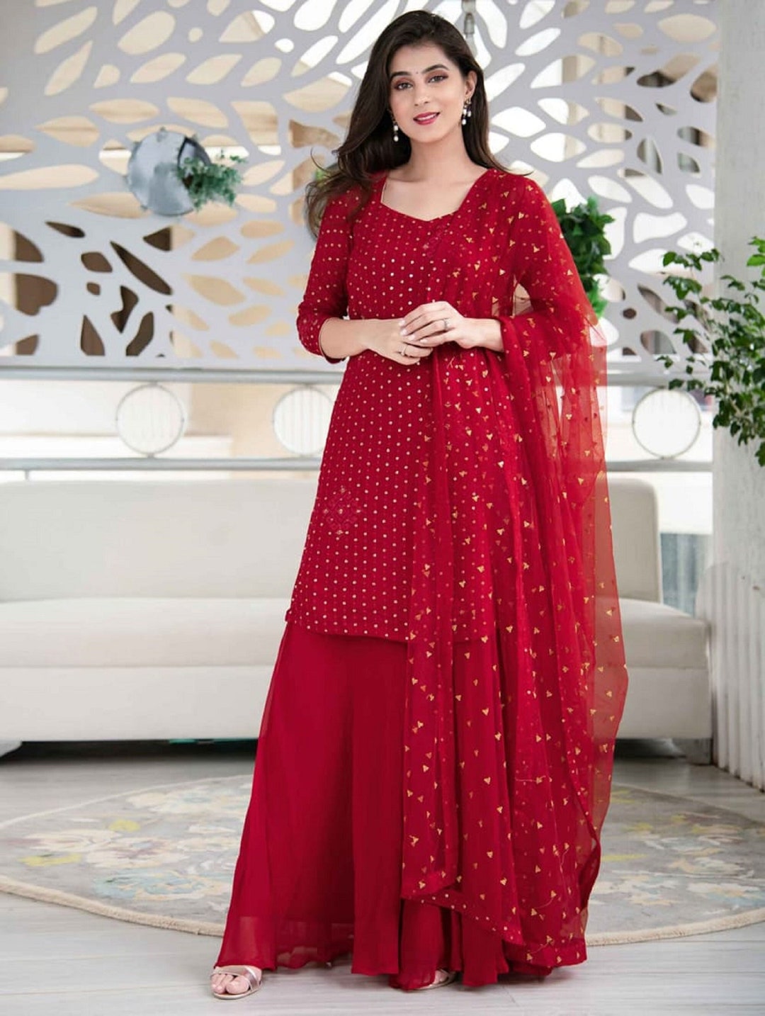 Beautiful 3 Piece Red Salwar Kameez With Chanderi Dupatta - Etsy UK