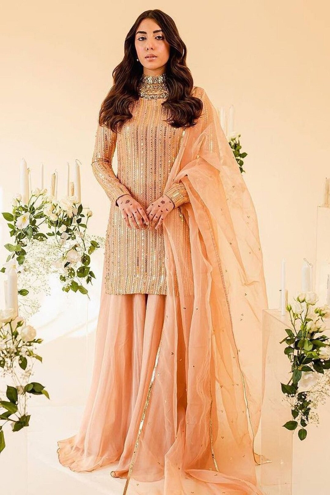 Orange Sequin Sharara Gharara With Lehenga Set, Pakistan Islamic Nikkah ...