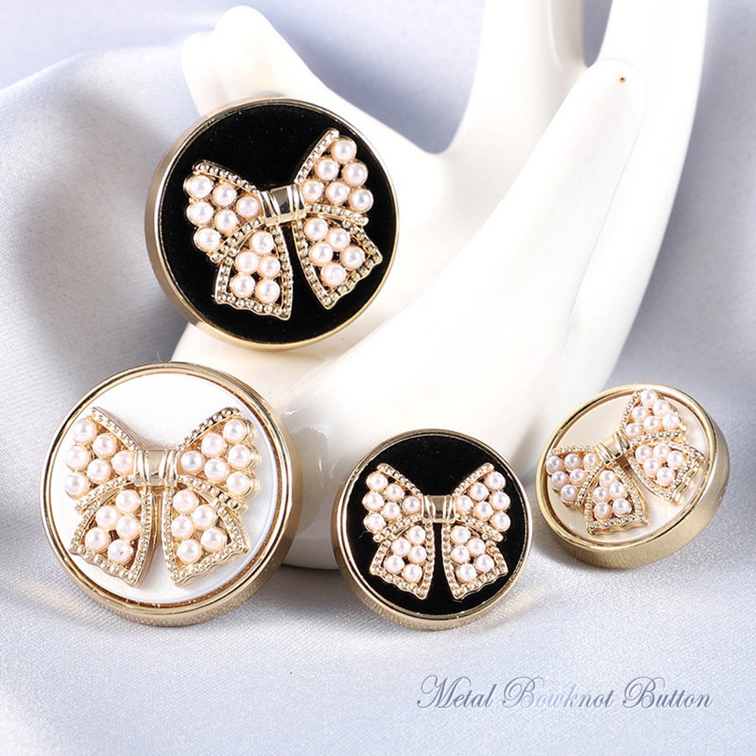 Metal Bow Buttons-6pcs Pearl Rhinestone Gold Silver Black White Button ...