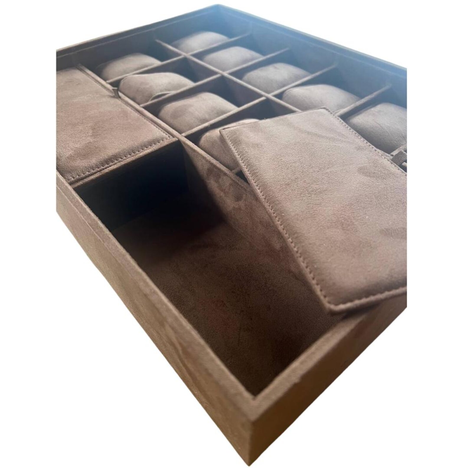 Handcrafted Elegant Suede Brown Stackable 12 Slot Watch Tray With 2 ...
