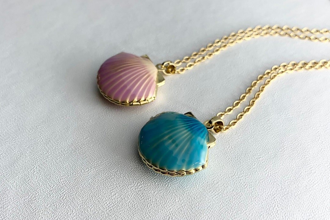 SEASHELL Locket 24K Gold Plated Brass on 16" Necklace. Choose Teal or ...