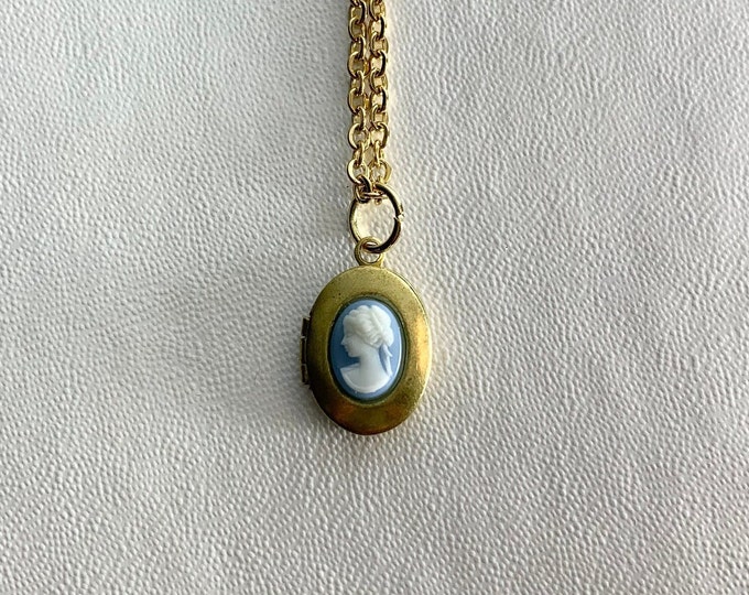 SMALL Antique Brass LOCKET With Oval Blue Cameo Cabochon on 16 ...