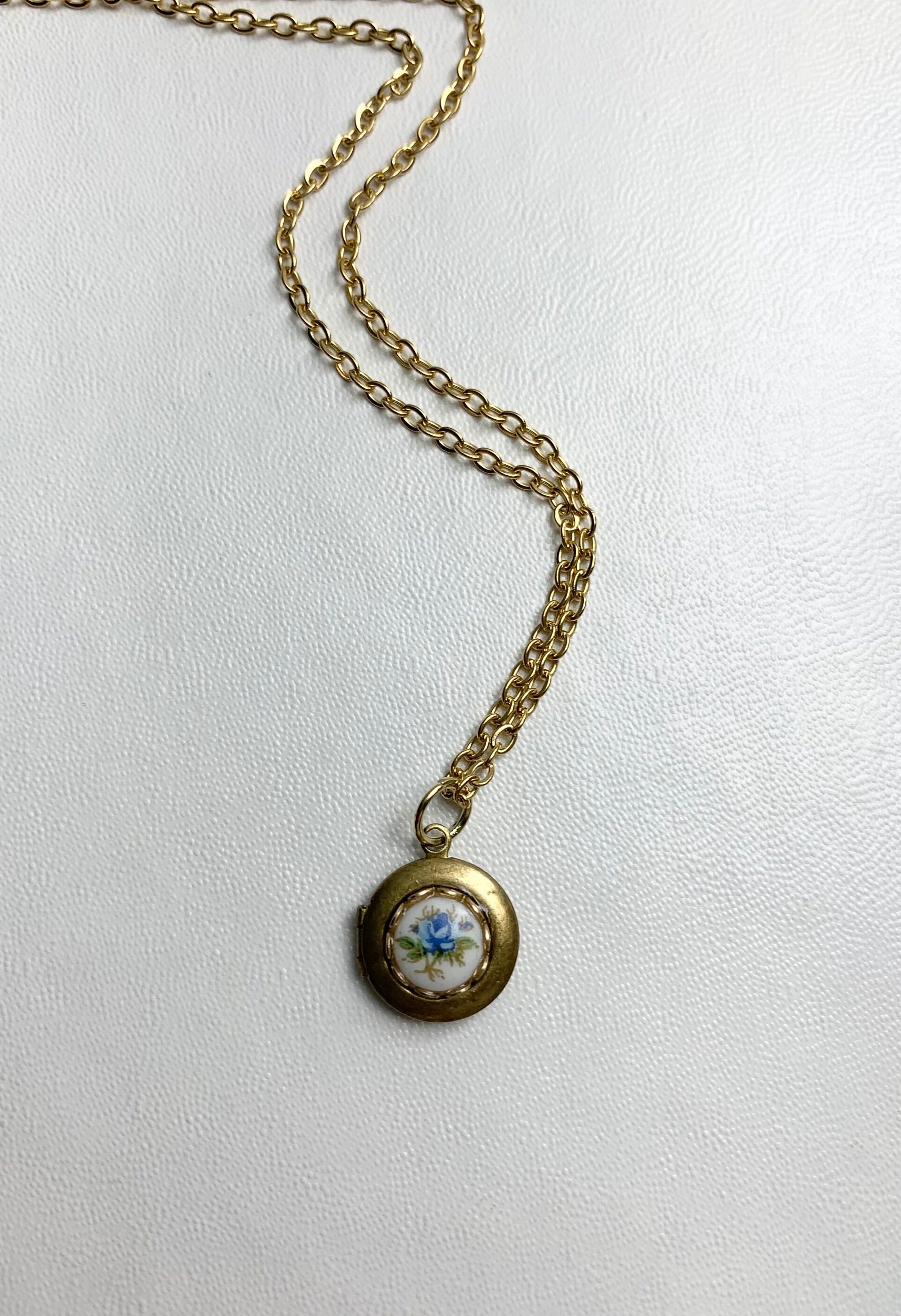 SMALL Antique Brass LOCKET With Vintage Glass Limoge BLUE Rose Cabochon ...