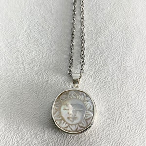 Sterling Silver Locket With Carved Sun Face Mother of Pearl Cabochon on ...
