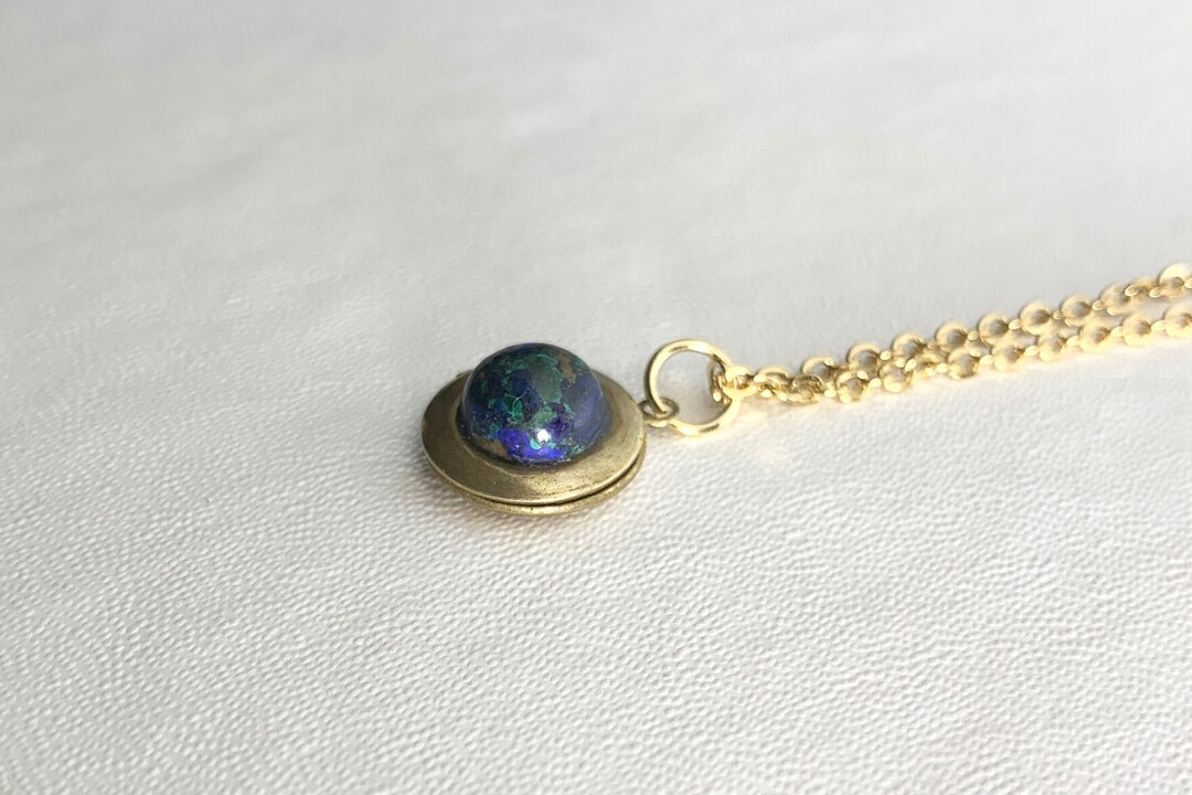 SMALL Antique Brass LOCKET With Azurite Cabochon on 16" Necklace ...