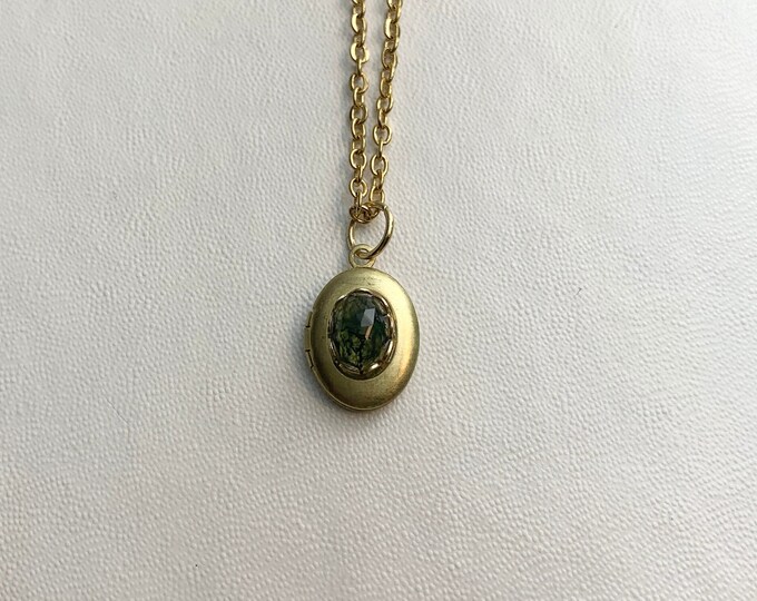 SMALL Antique Brass LOCKET With Moss Agate Cabochon in a Lace Edged ...
