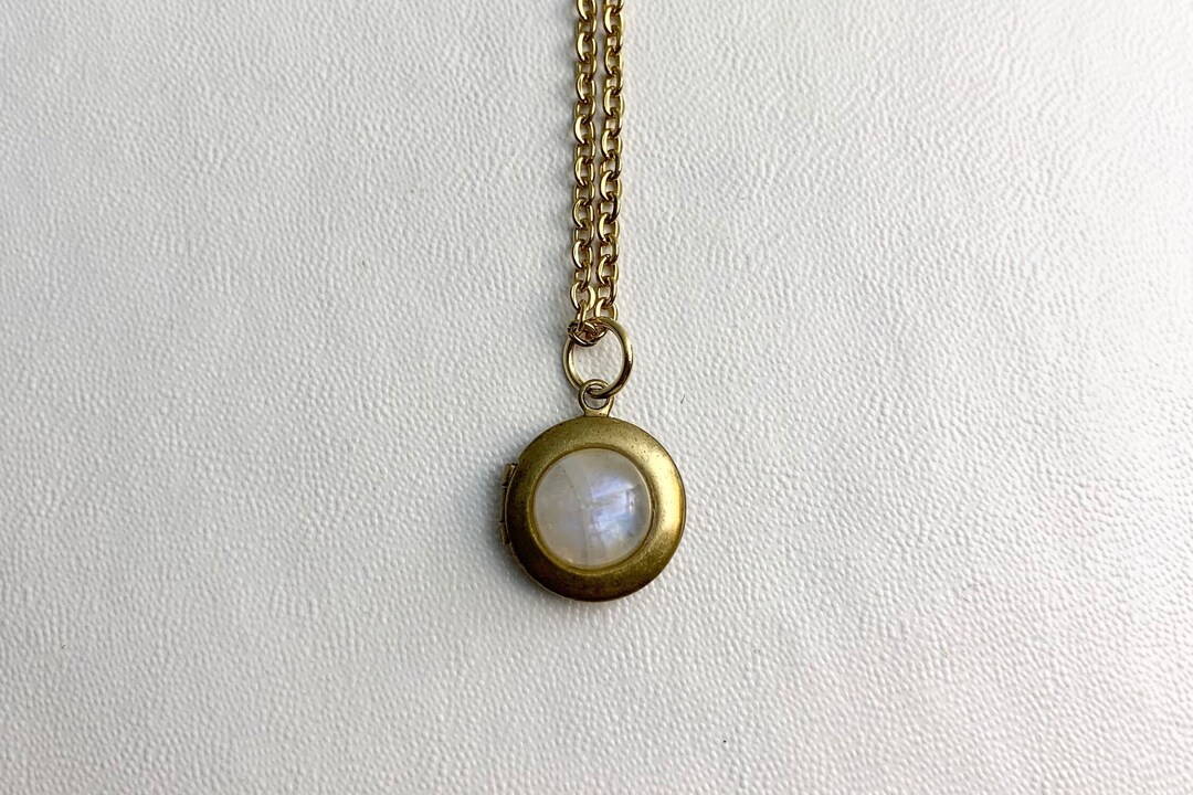 SMALL Antique Brass LOCKET With Moonstone Cabochon on 16 Necklace ...