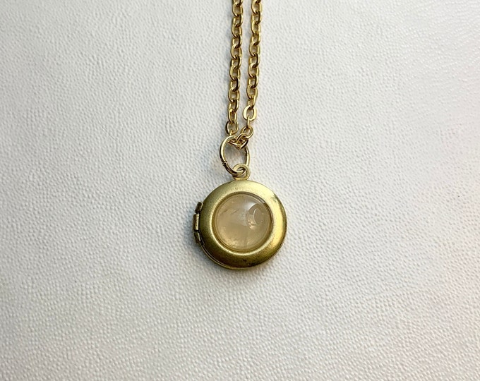 SMALL Antique Brass LOCKET With Rose Quartz Cabochon on 16