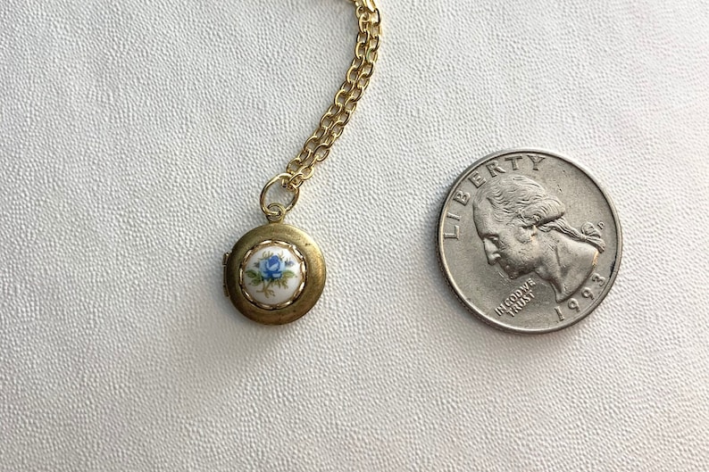 SMALL Antique Brass LOCKET With Vintage Glass Limoge BLUE Rose Cabochon ...