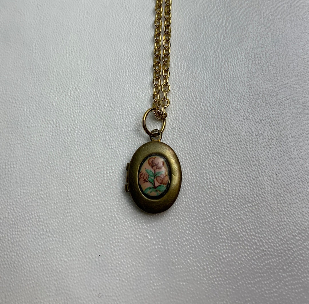 SMALL Antique Brass LOCKET With Vintage Oval Guilloche Enamel Cabochon ...