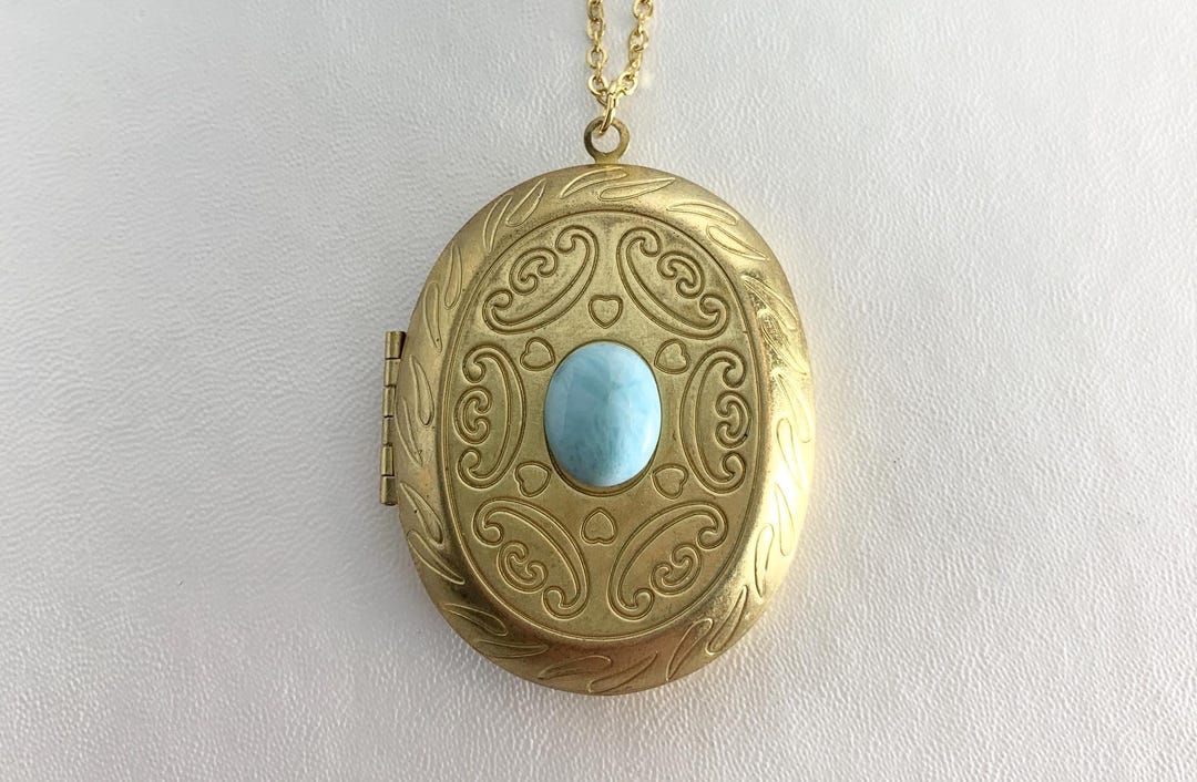 LARGE VINTAGE Victorian Style Brass Oval Locket With Larimar Cabochon ...