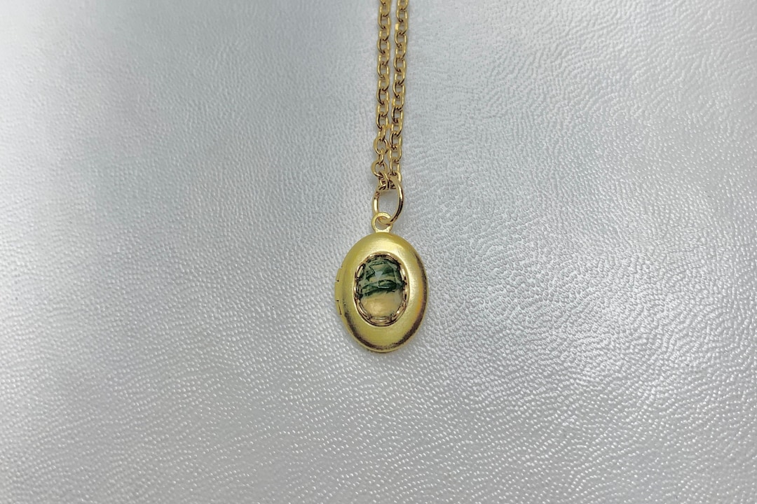 SMALL Antique Brass LOCKET With Moss Agate Cabochon in a Lace Edged ...
