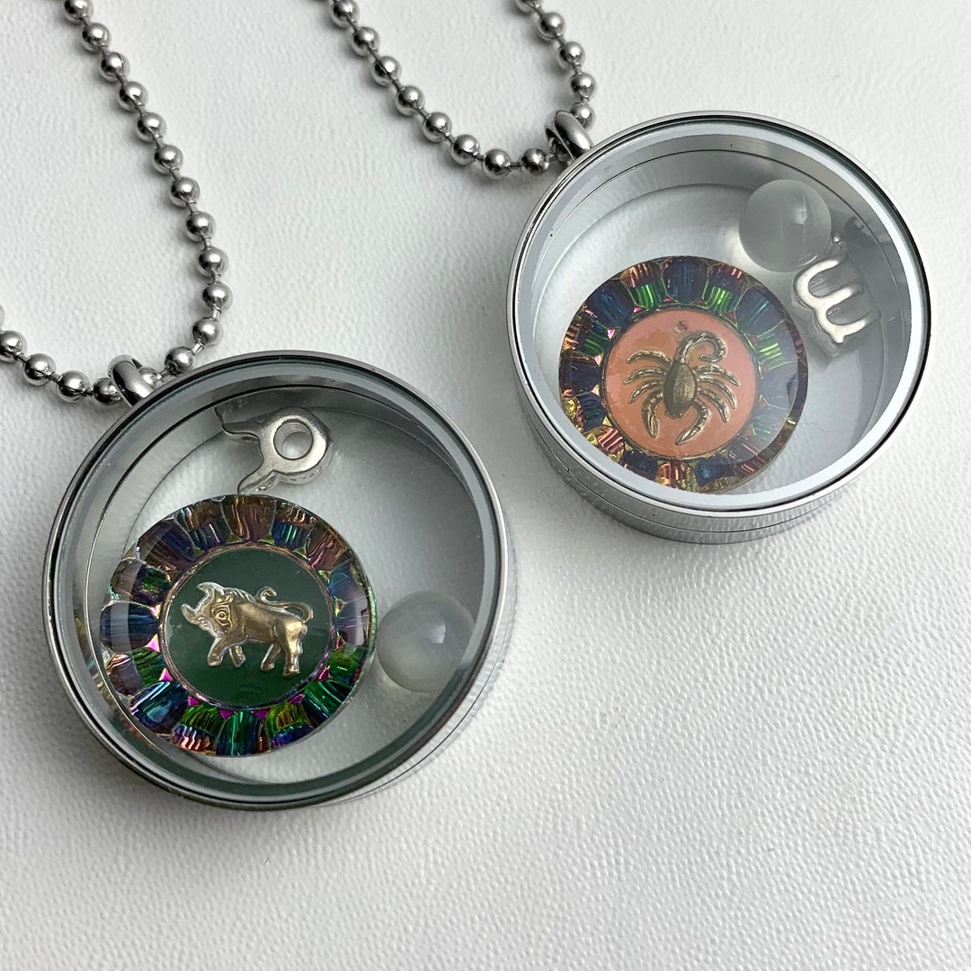 ZODIAC FLOATING LOCKET Necklace With Vintage Zodiac Glass Cabochon ...
